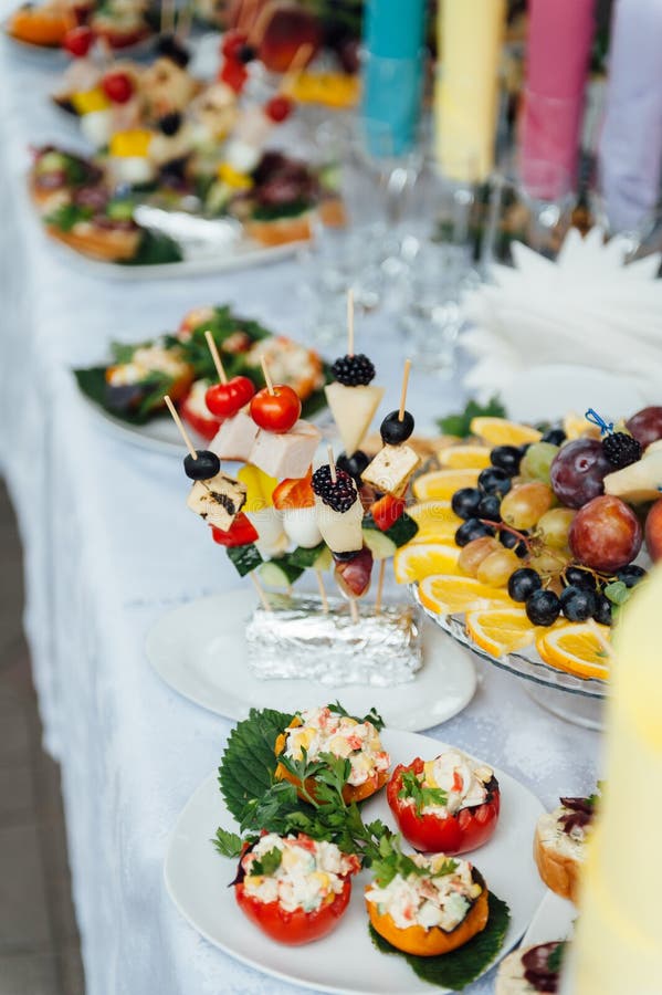 Catering Services Background with Snacks on Guests Table in Restaurant ...