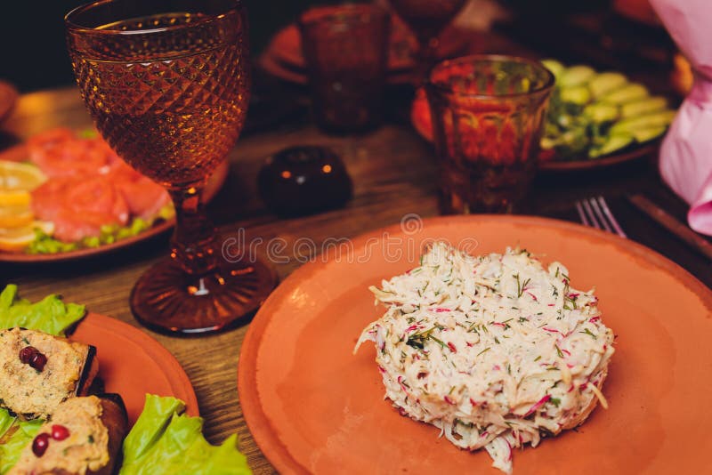 Catering Services Background with Snacks on Guests Table in Restaurant ...