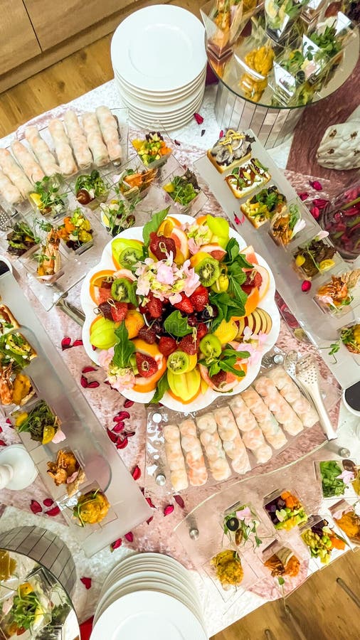 Catering Table Covered with Snacks and Various Dishes Top View Stock ...