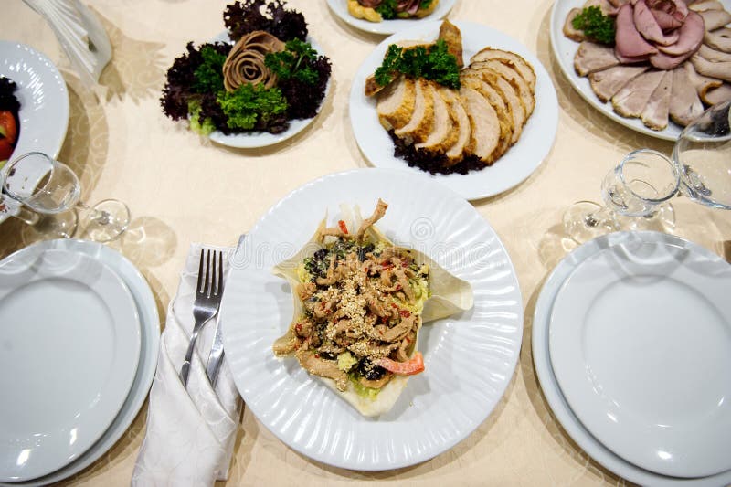 Catering Table Set Service with Silverware Stock Photo - Image of dish ...