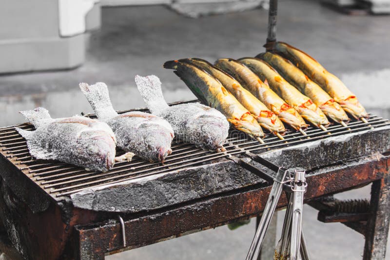 Catfish is Grilled on Skewers Over Coals Stock Photo - Image of grille ...