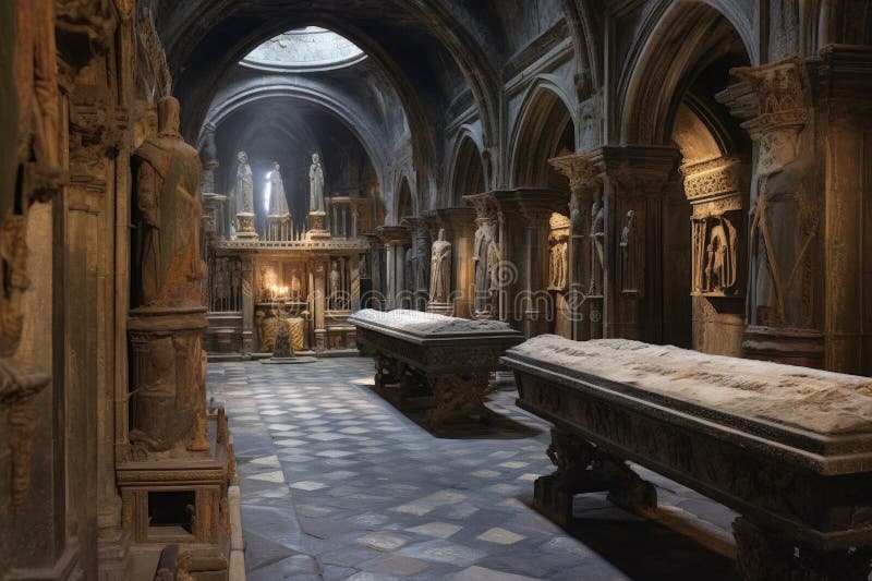 Cathedral Crypt with Ancient Tombs and Sarcophagi Stock Photo - Image ...