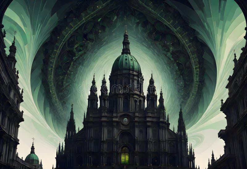 Cathedral of Green and Black Pixels, Generative AI Stock Illustration ...