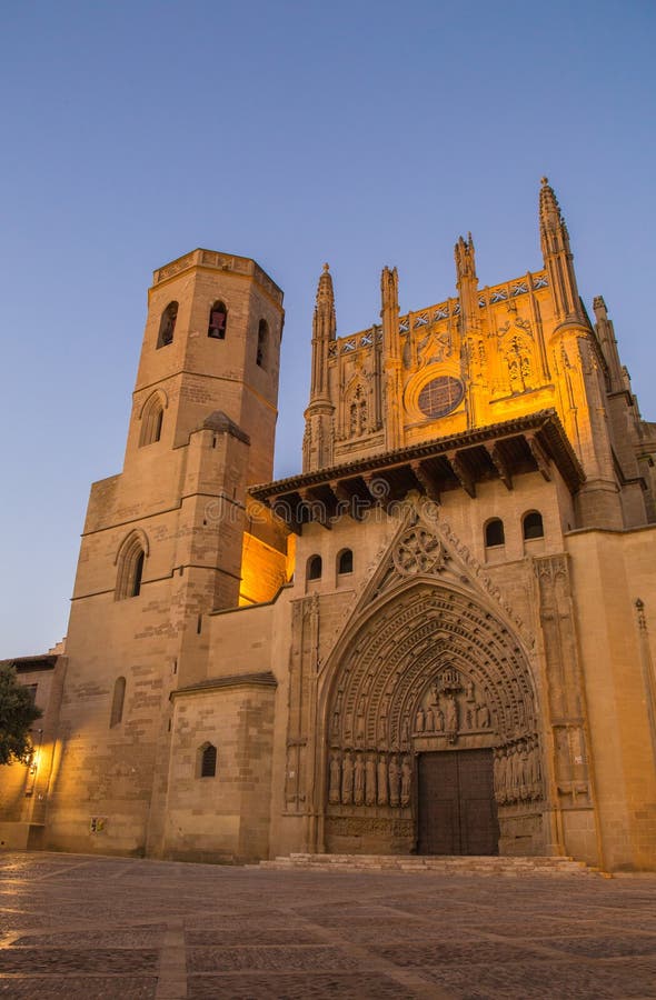 Cathedral of Huesca Evening Illumination Stock Image - Image of ...