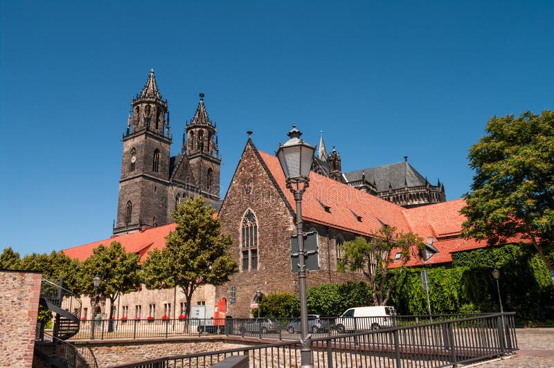 Cathedral of Magdeburg at River Elbe, Germany Stock Photo - Image of ...