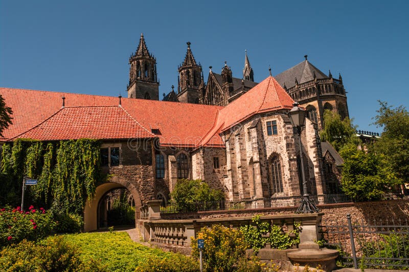 Cathedral of Magdeburg at River Elbe, Germany Stock Image - Image of ...