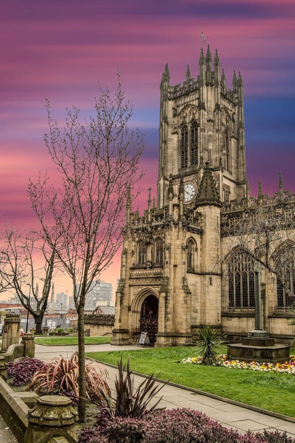 The Cathedral of Manchester at Sunset, England Stock Image - Image of ...