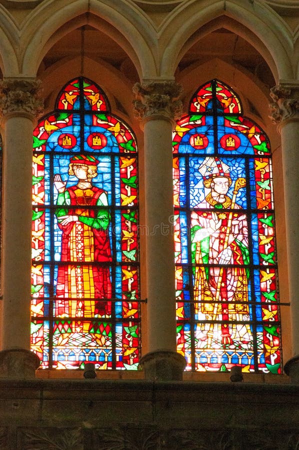Pair of Stained Glass Window, Interior of Cathedral Notre DameFrance ...
