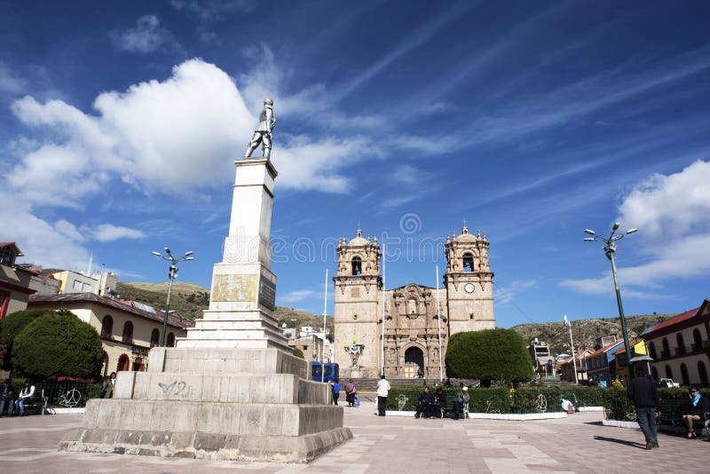 The Cathedral of Puno ,peru,and Square with Sculture -configuration is ...