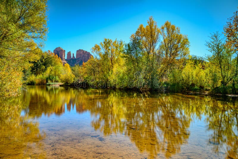 Cathedral Rock Reflections stock image. Image of rock - 164413565