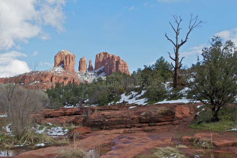 Cathedral Rock Winter Landscape Stock Photo - Image of outdoors, snow ...