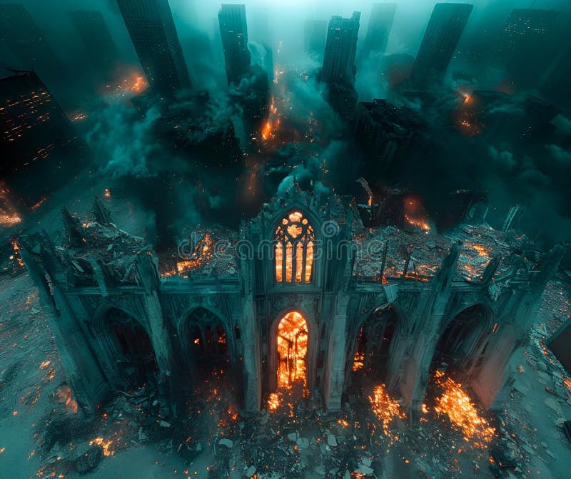 Cathedral in Ruins after a Fire with Skyline Behind it, Depicting a ...