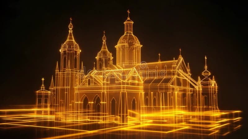 A Cathedral Stands Illuminated with a Wireframe Glow, Showcasing Its ...