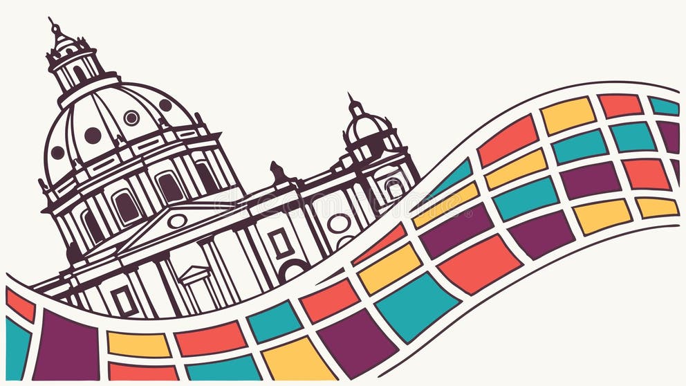 Cathedral with Wavy Checkered Path, Historic Architecture Abstract ...