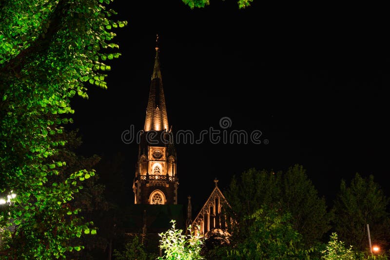 Catholic Cathedral Architecture Building Object in Town Square at Night ...