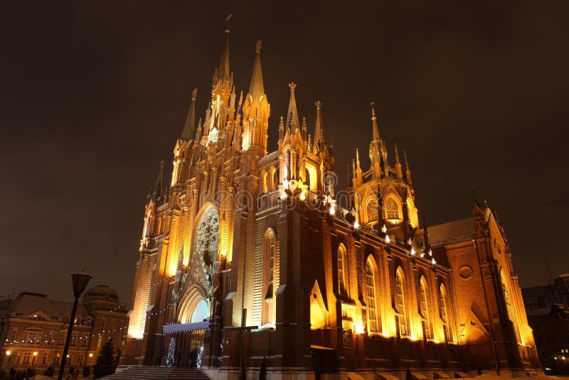 Catholic Cathedral. Winter. Night. Stock Photo - Image of catholic ...