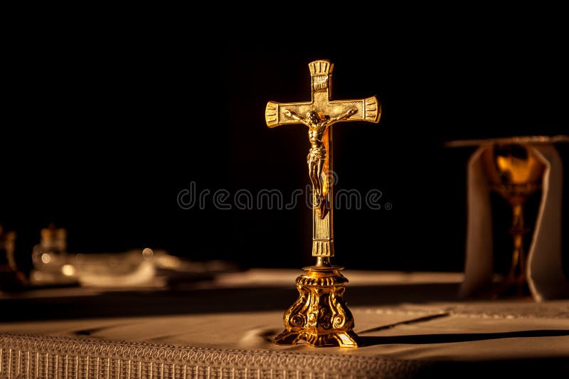 Gold Chalice in Altar with a Ray of Divine Light Stock Image - Image of ...