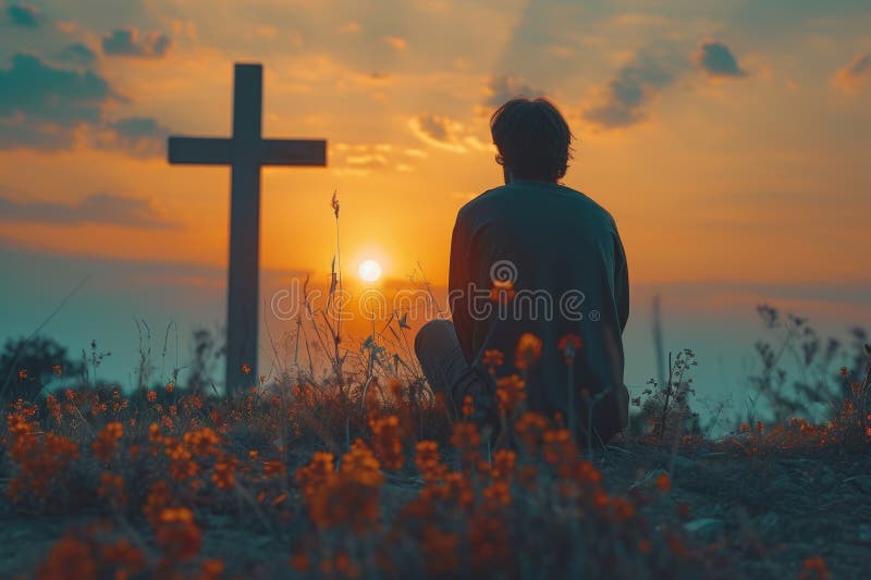 Catholic Man Praying Devoutly Near Crucifix on Hill, Bowing in ...