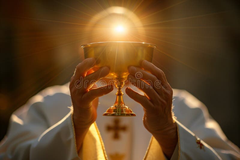Catholic Priest Holding Up Chalice with Golden Light Shining through ...