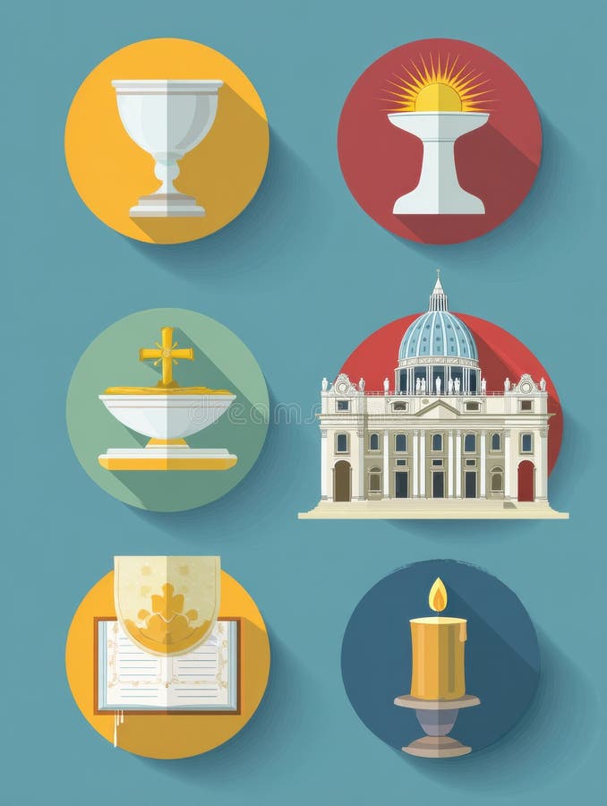 Catholic Sacraments Flat Icon Design Featuring Vatican with Chalice, Host, and Scripture ...