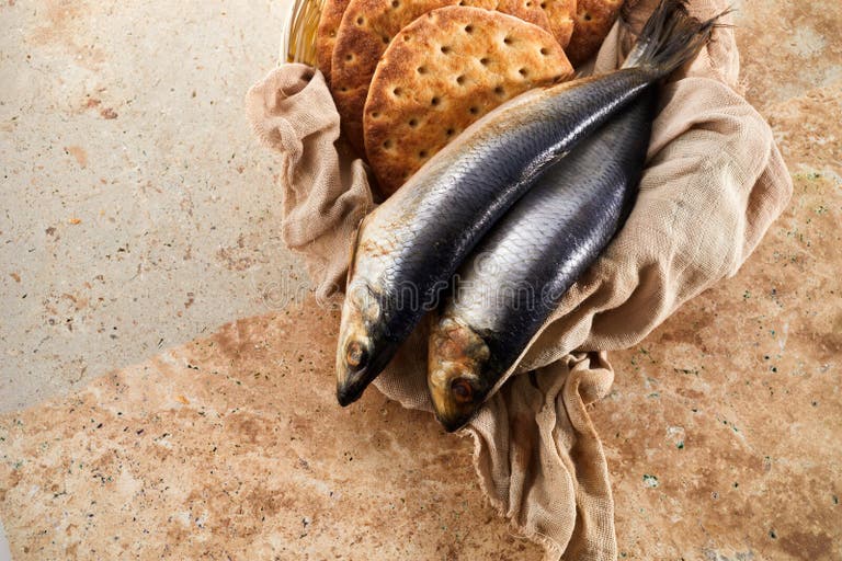 Catholic Still Life of Five Loaves of Bread and Two Fish Stock Image ...