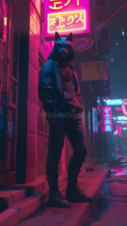 Catman, a Portrait of the Cyberpunk Catman Standing in Front of a Cafe ...