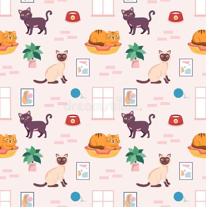 Cats Animals Seamless Pattern Design with Cat Element in Template Hand ...