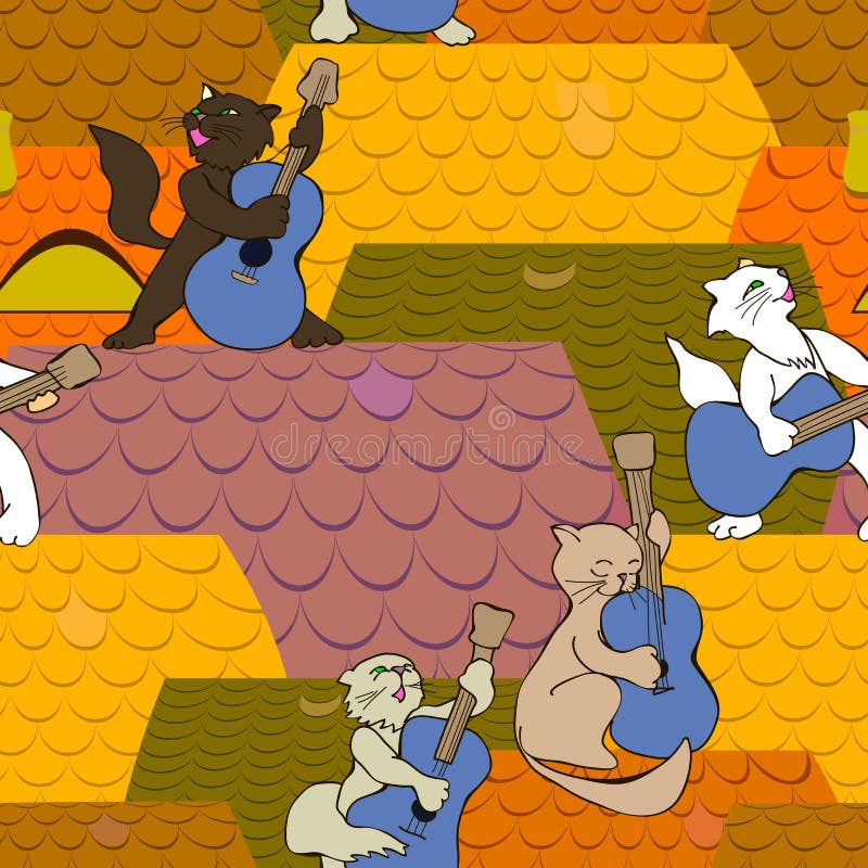 Cats Band Guitarist Playing on the Roof at Night Stock Vector ...