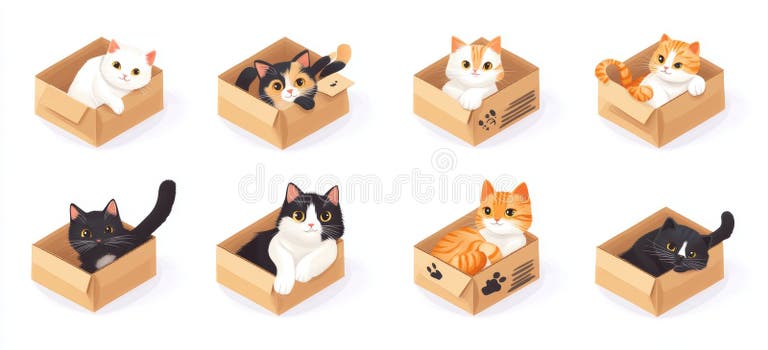 The Cats in Boxes Sticker Set Features Cats in Cardboard Boxes. the Set Features a Modern Image ...