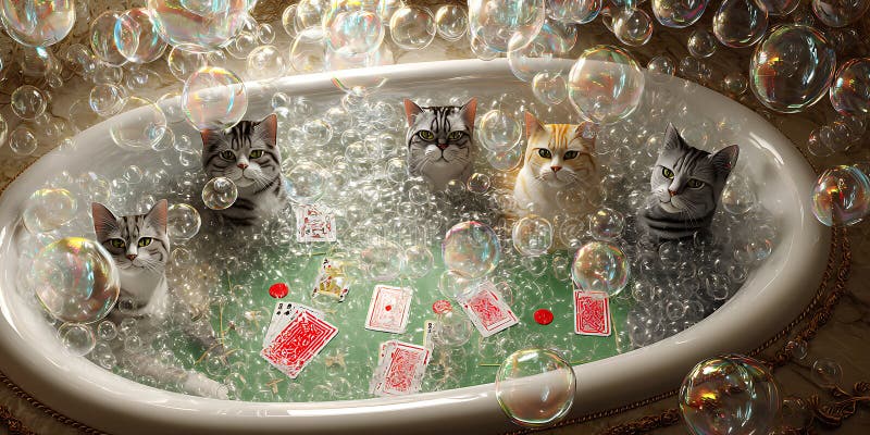 Cats in a Bubble Bath with Playing Cards Stock Illustration - Illustration of funny, artistic ...