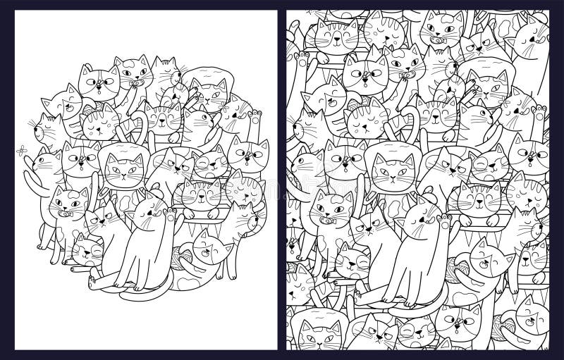 Cute Doodle Cats Coloring Pages Set. Black and White Templates Bundle ...