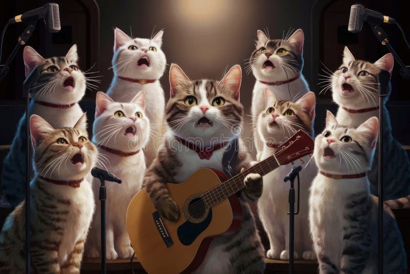Cats Concert: Charming Group of Singing Felines Performing with Guitar ...