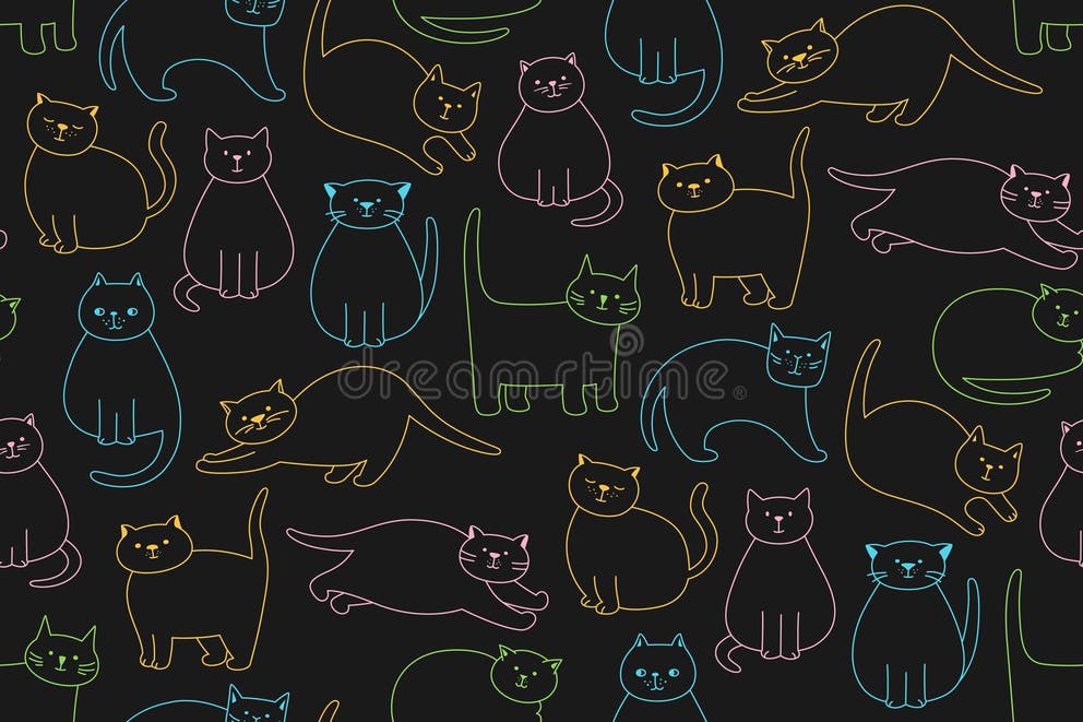 Cats Cute Doodle Linear Seamless Pattern Kitty Different Poses ...