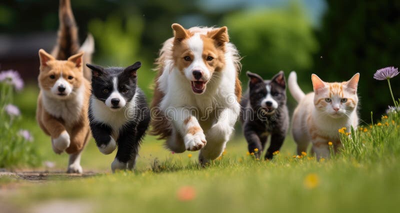 Cats, Dogs, and Kittens Running through a Garden Stock Photo - Image of ...