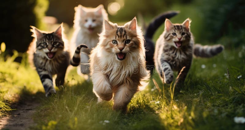 Cats, Dogs, and Kittens Running through a Garden Stock Image - Image of ...