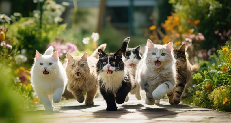Cats, Dogs, and Kittens Running through a Garden Stock Image - Image of ...