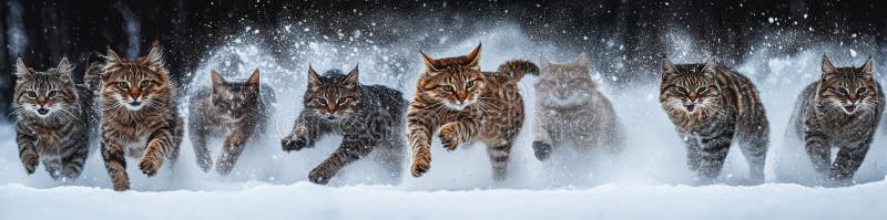 Cats Dynamic Pose Running Fluffy Snow Beginning Winter Christmas Nature ...