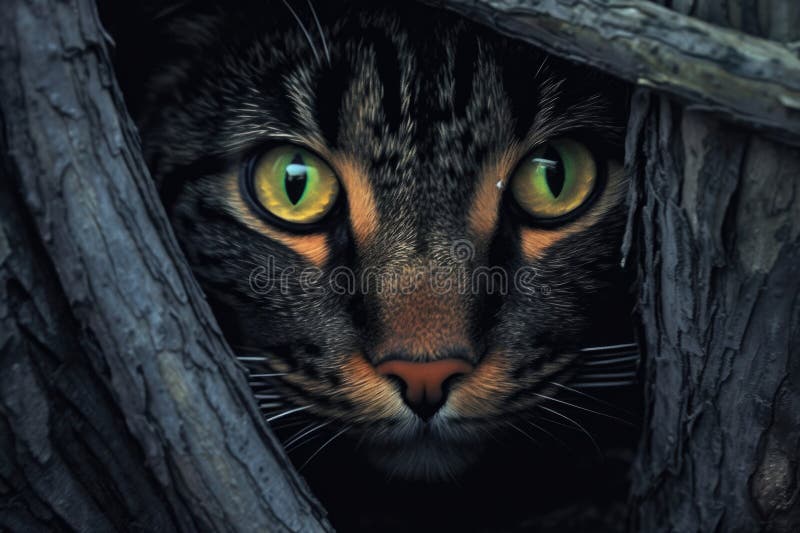 Cats Eyes Glowing in the Dark while Hiding in Tree Stock Image - Image ...
