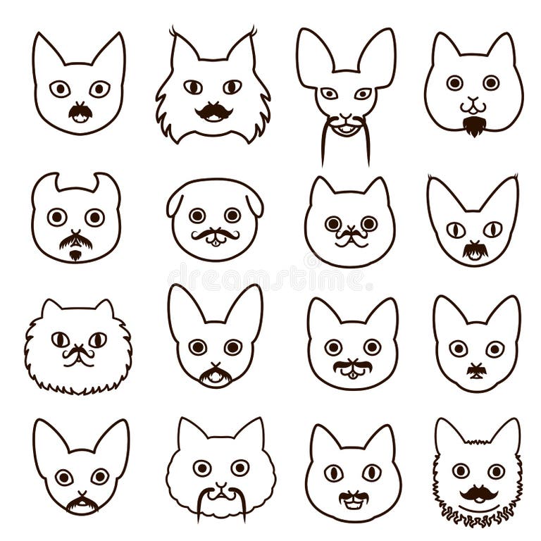 Cats Faces with Mustache Set Stock Vector - Illustration of beard, curl ...