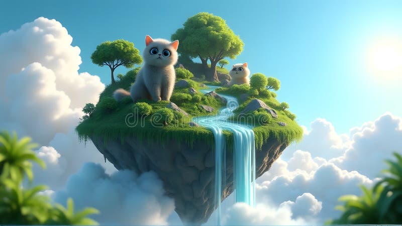 Cats on a Floating Island with Waterfall Stock Illustration ...