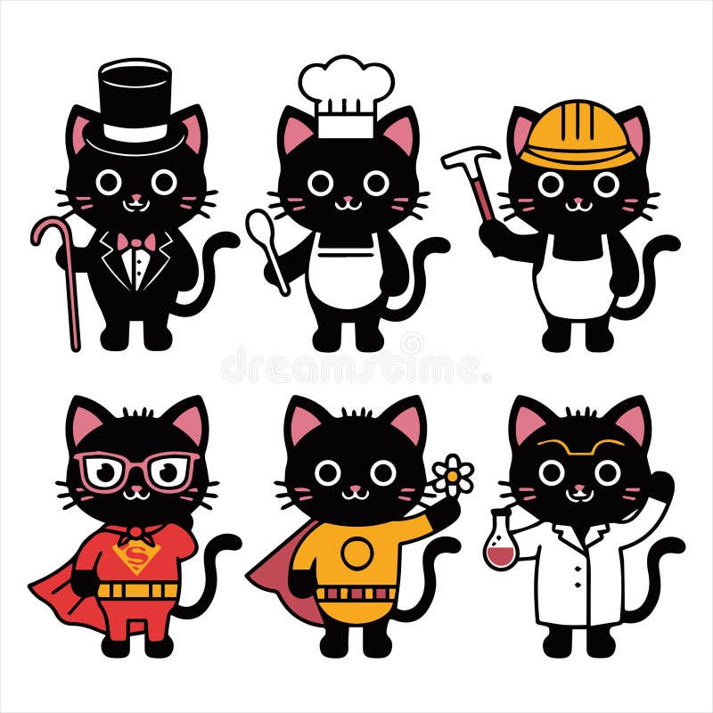 Cats in Fun Outfits Adorable Professional Character Set Stock Vector ...