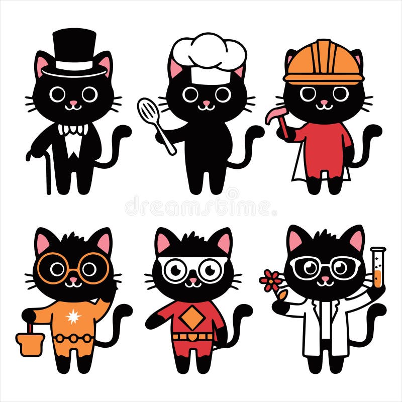 Cats in Fun Outfits Adorable Professional Character Set Stock Vector ...