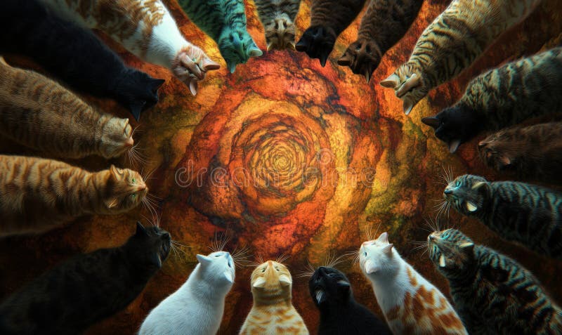 Cats Gathered in a Circle Around a Mesmerizing Spiral Pattern on the Ground Stock Image - Image ...