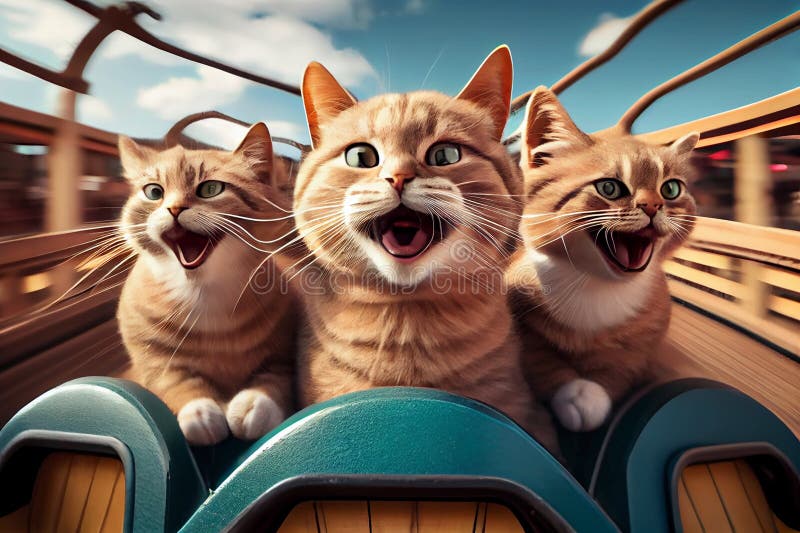 Cats Having Fun on Roller Coaste Ride in Fun Park. Extreme Adventure ...