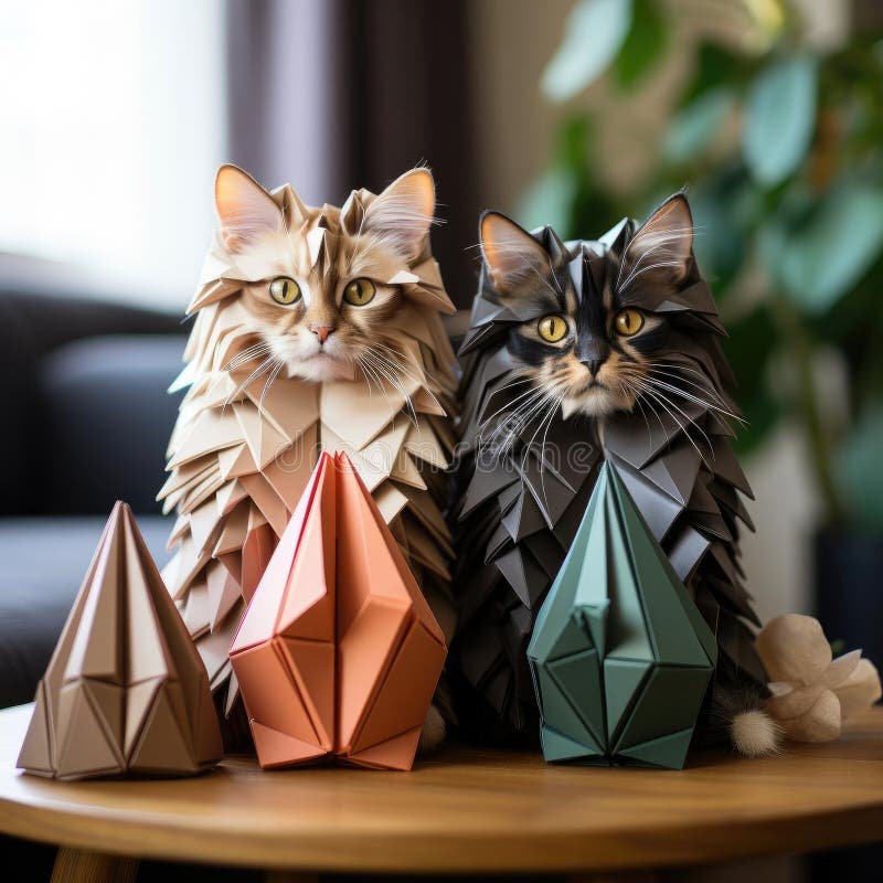 Cats and Origami Objects in a Room with Handcrafted Beauty Stock ...