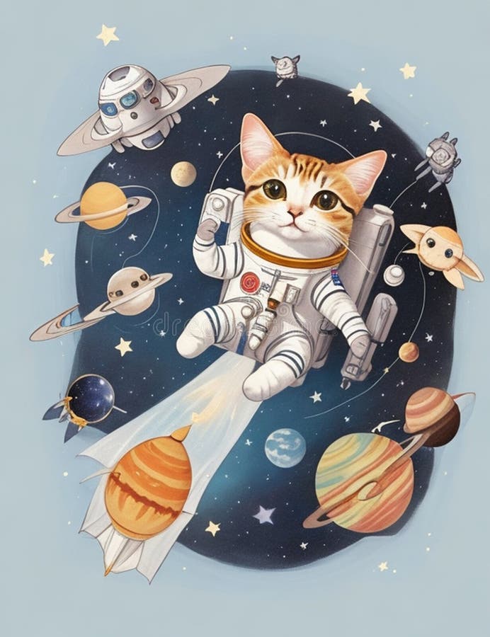 Cats in Outer Space Surrounded by Planets Stock Illustration ...