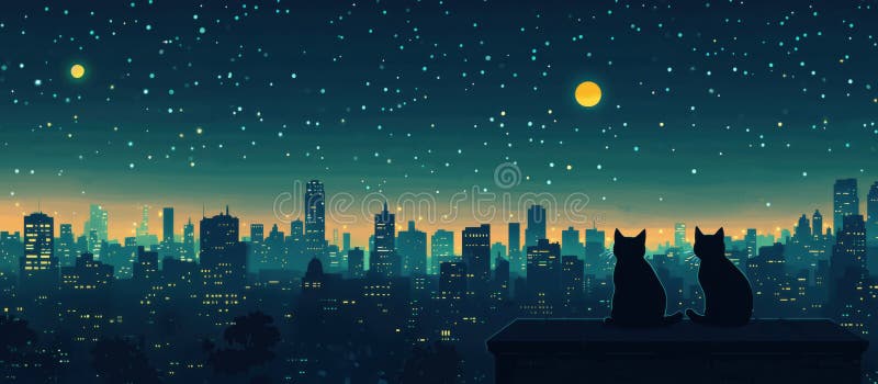 Cats Overlooking City Skyline at Night with Stars and Moons Stock Photo ...