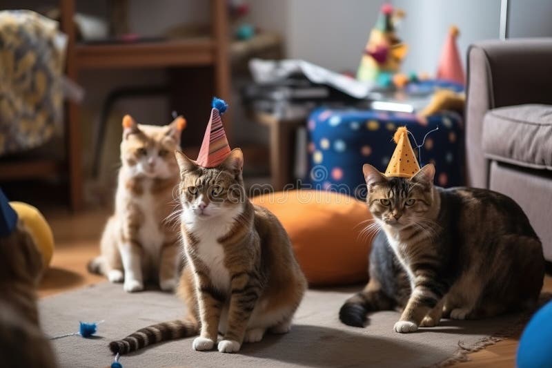 Party Cats Cats With Party Hats Celebrating Birthday Generative Ai