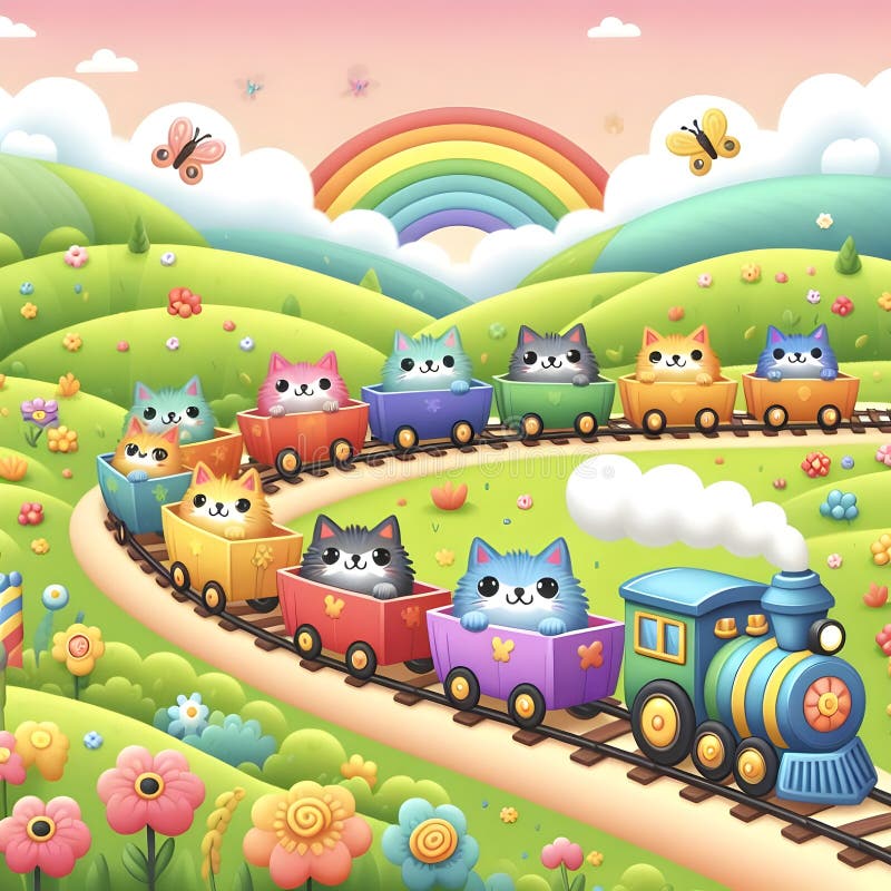 Cats play in the train stock illustration. Illustration of nursery ...