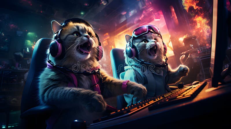 Cats Playing Computer Games at Night: Whimsical AI Generated Artwork ...